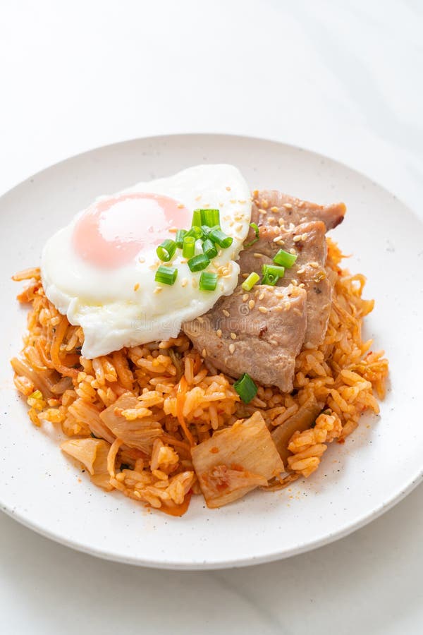 Kimchi Fried Rice with Fried Egg and Pork Stock Image - Image of home ...