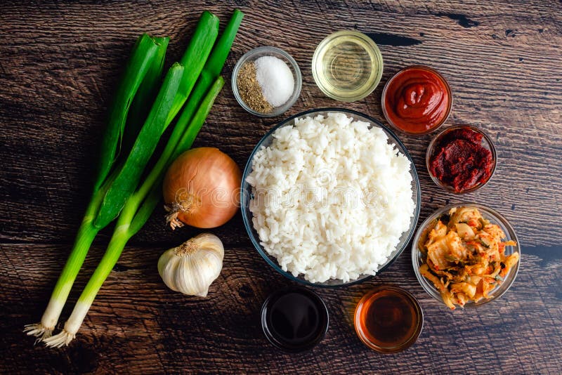 Kimchi Fried Rice Ingredients on a Rustic Wood Table Stock Image ...