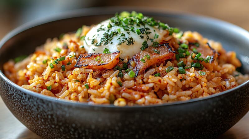 Kimchi Fried Rice Topped with a Poached Egg and Chives in a Dark Bowl ...