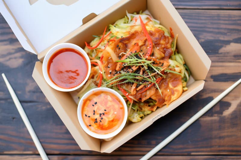Kimchi Pancake in Takeout Box with Dipping Sauce Stock Photo - Image of ...