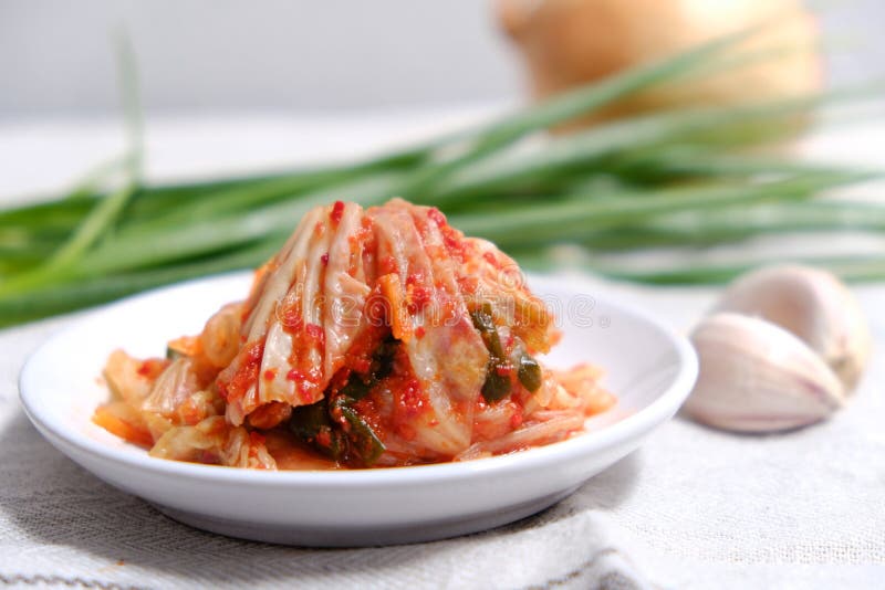 Kimchi is Placed in a White Plate with a Fork on Its Side Stock Image ...