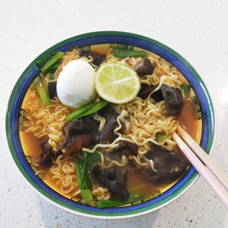 Kimchi Ramen with Boiled Egg and Lime Stock Photo - Image of salad ...