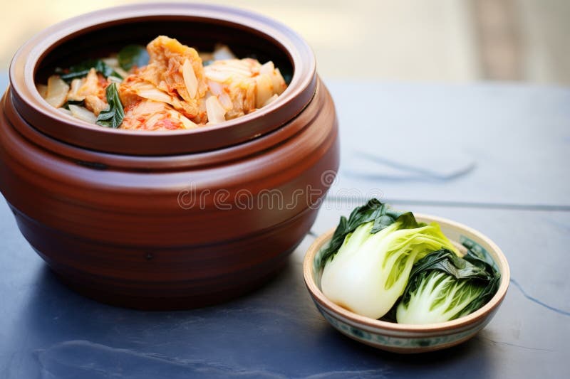 Kimchi in a Traditional Earthenware Pot beside Garlic and Ginger Stock ...