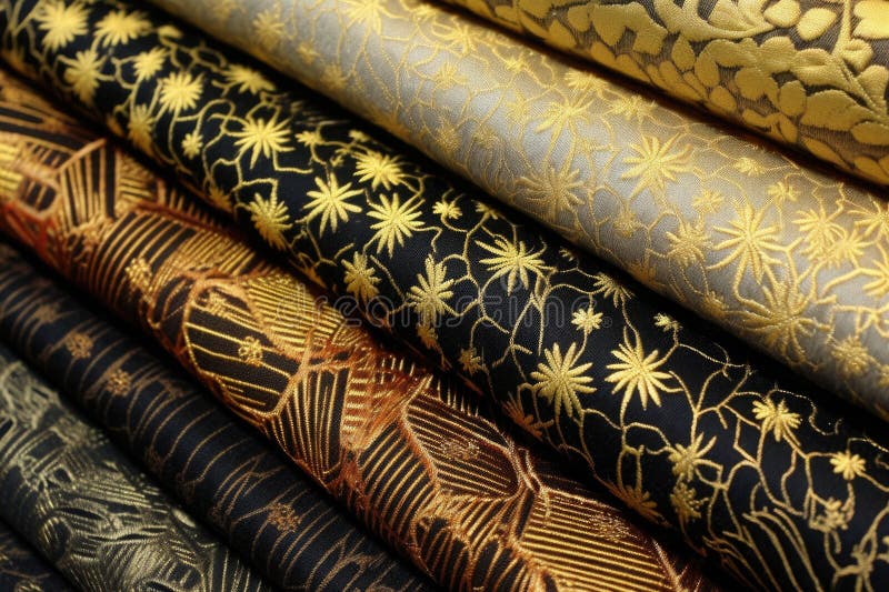 Kimono Fabric with Gold Thread Patterns Stock Image - Image of ...