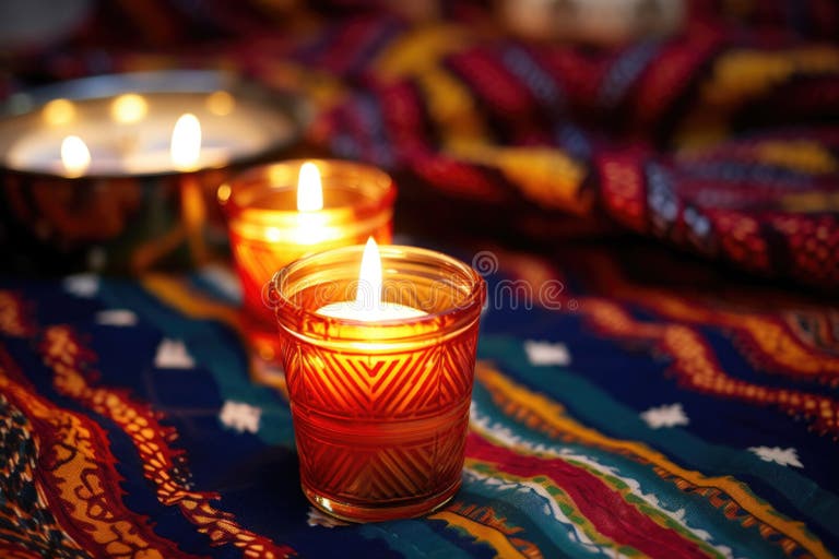 Kinara with Lit Candles on an African Patterned Cloth Stock ...