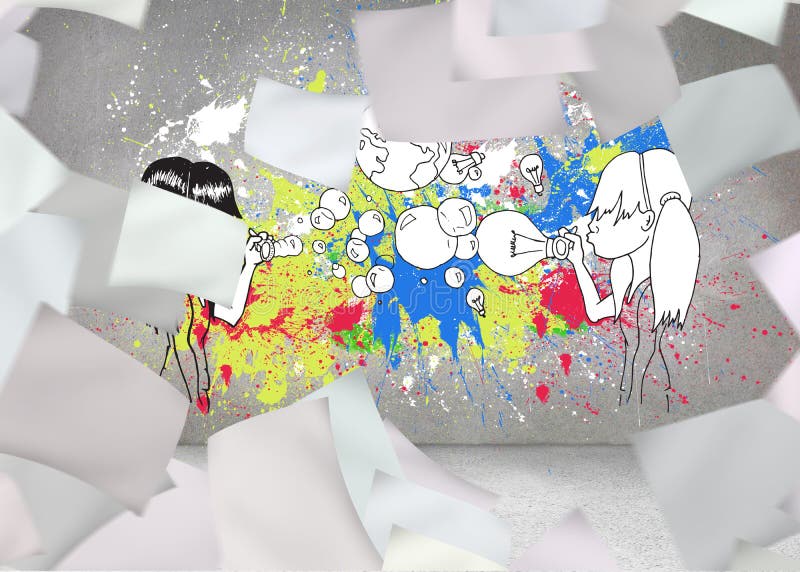 Sheets Over Grey Wall with Illustrations and Splashes Stock ...