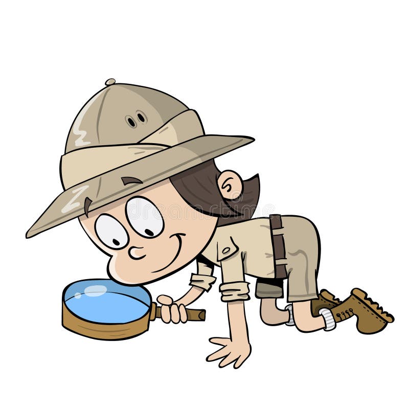 Jungenforscher Mit Lupe Auf Baumstumpf Vektor Abbildung - Illustration ...