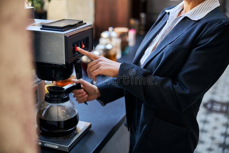 Kind Female Person Doing Coffee for Guests Stock Photo - Image of ...
