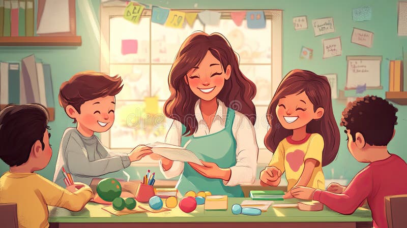 A Kind Female Teacher Spends Time with Her Elementary School Students ...