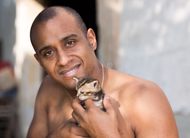 Kind Man Holds Little Kitten in His Arms Stock Image - Image of rest ...