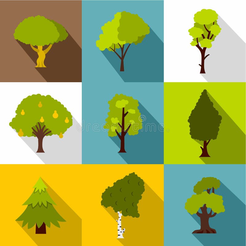 Kind of Trees Icons Set, Flat Style Stock Vector - Illustration of ...