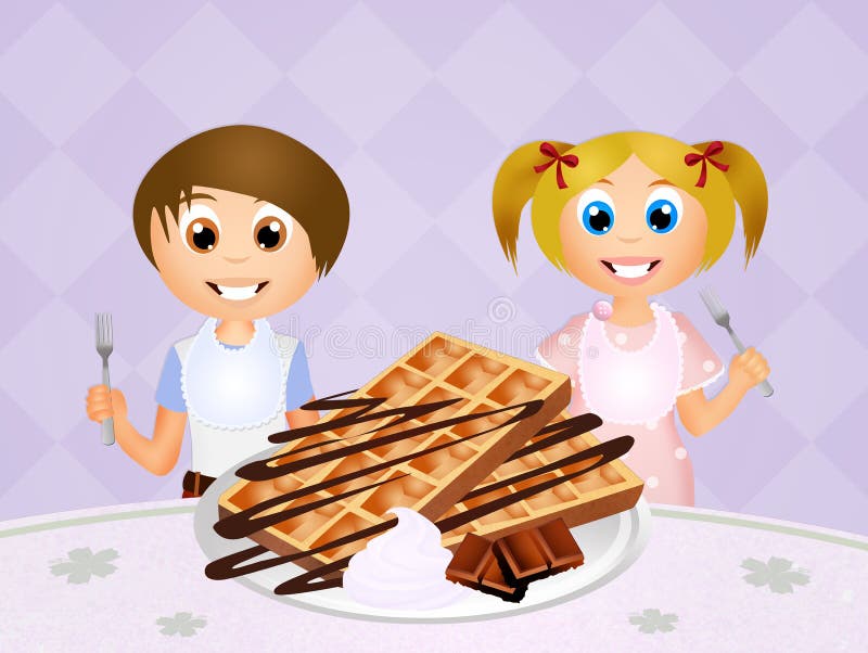 Kinder, die Waffeln essen stock abbildung. Illustration von essen ...