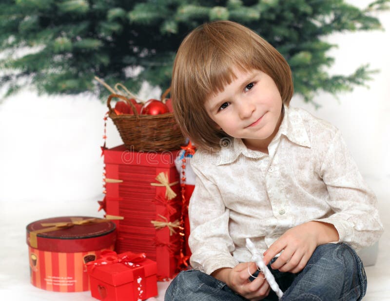 Kinder with Gifts Under Fur-tree Stock Photo - Image of love ...