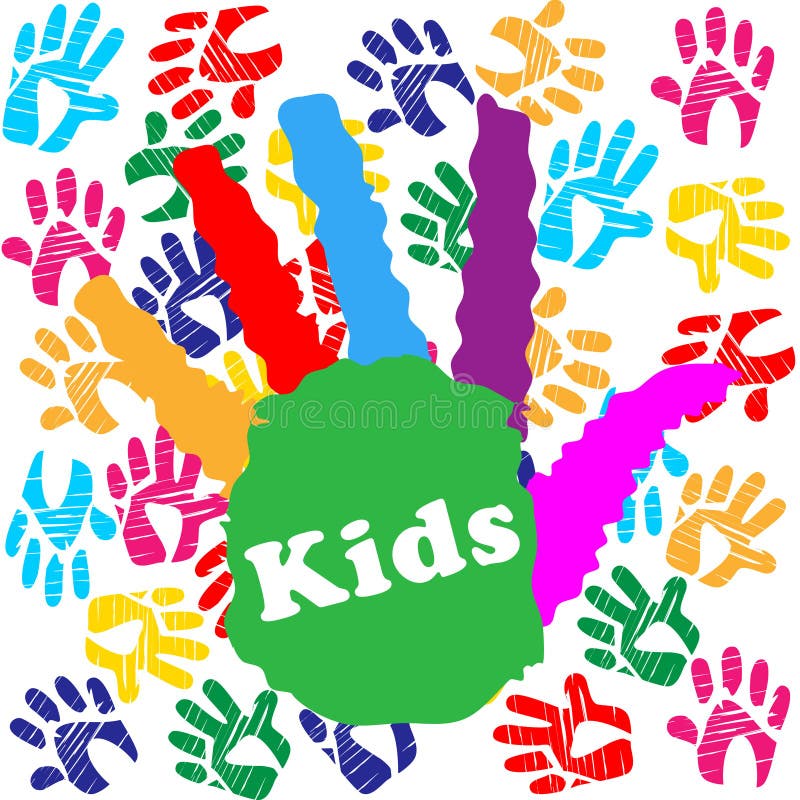 Kinder Handprint Zeigt Bunte Kinder Und Menschen an Stock Abbildung ...