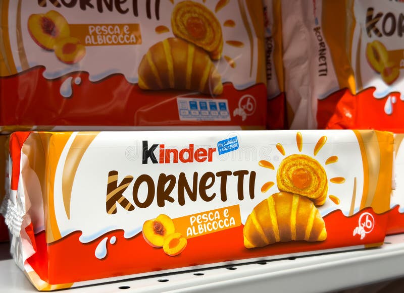Kinder Kornetti Peach Apricot Snack Packaging on Shelf Display ...