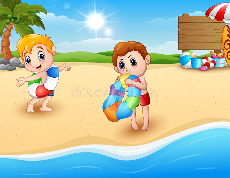 Kinder Mit Aufblasbarem Ring am Strand Vektor Abbildung - Illustration ...