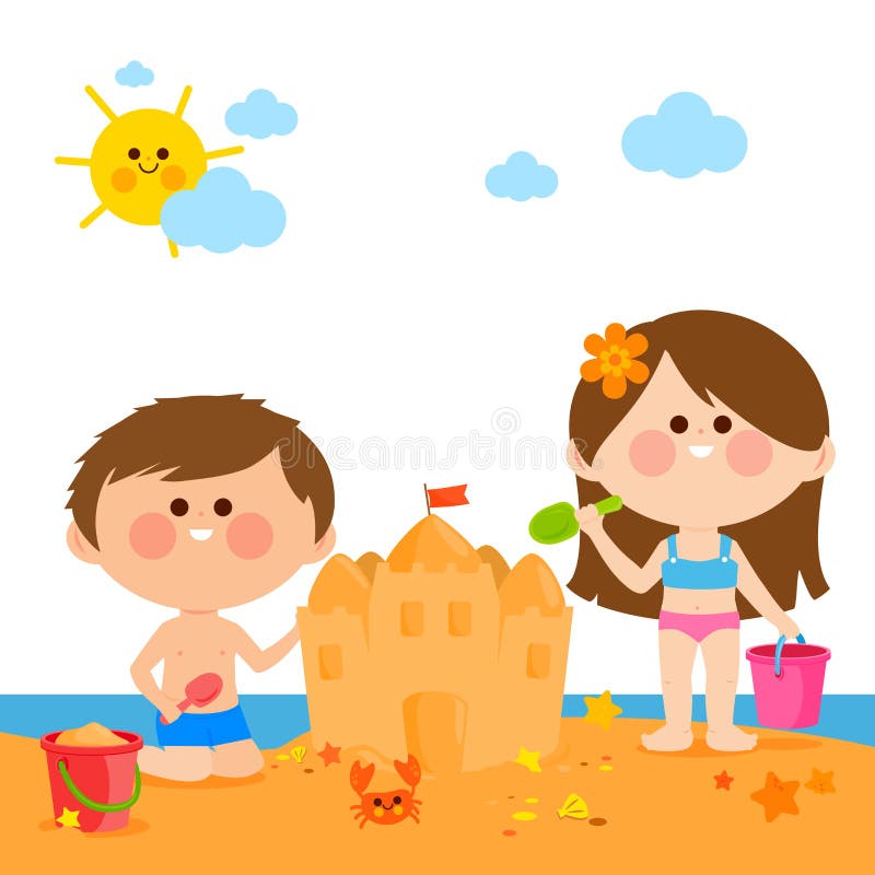 Kinder am Strand, Der Ein Sandburg Errichtet Vektor Abbildung ...