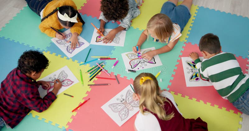 Kindergarten, Art and Children Drawing on Classroom Floor for Color ...