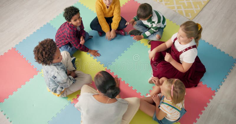 Kindergarten, Children and Hands with Game in Circle for Development ...