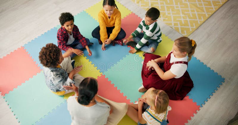 Kindergarten, Children and Hands with Game in Circle for Development ...