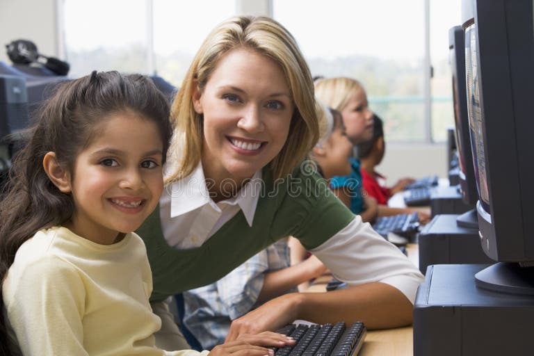 Kindergarten Children Learn How To Use Computers Stock Photo - Image of ...