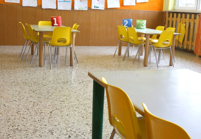 Kindergarten Class with the Yellow Chairs and Tables Stock Photo ...