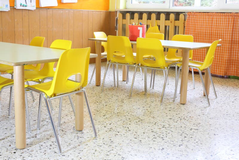 Kindergarten Class with the Yellow Chairs and Tables Stock Photo ...