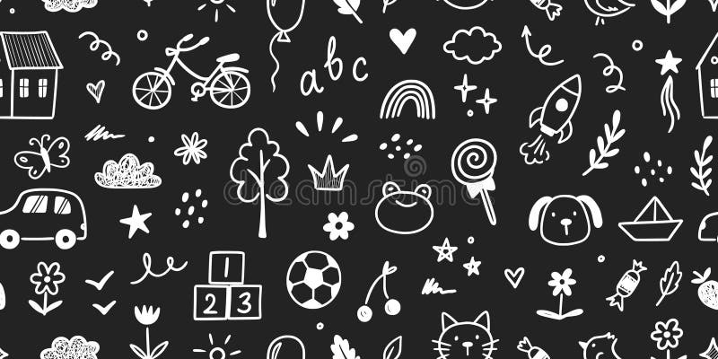 Kindergarten Doodle Vector Chalkboard Background. Hand Drawn Doodle ...