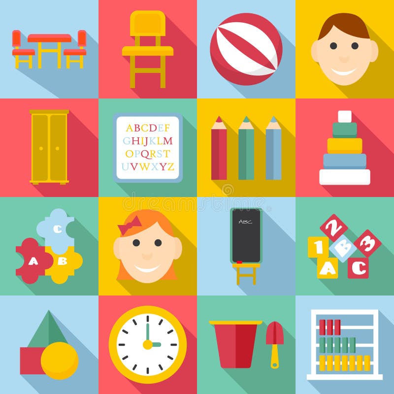 Kindergarten Icons Set, Flat Style Stock Vector - Illustration of ...