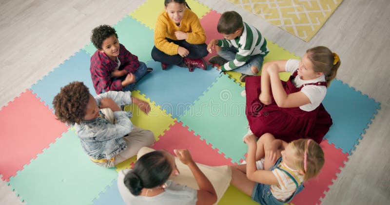 Kindergarten, Kids and Hands with Game in Circle for Child Development ...