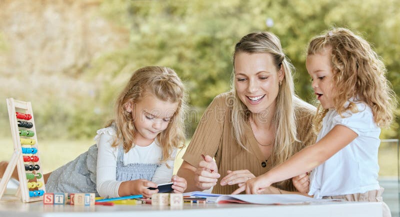 Kindergarten Math and Mother Helping Children with Home Work, Test or ...