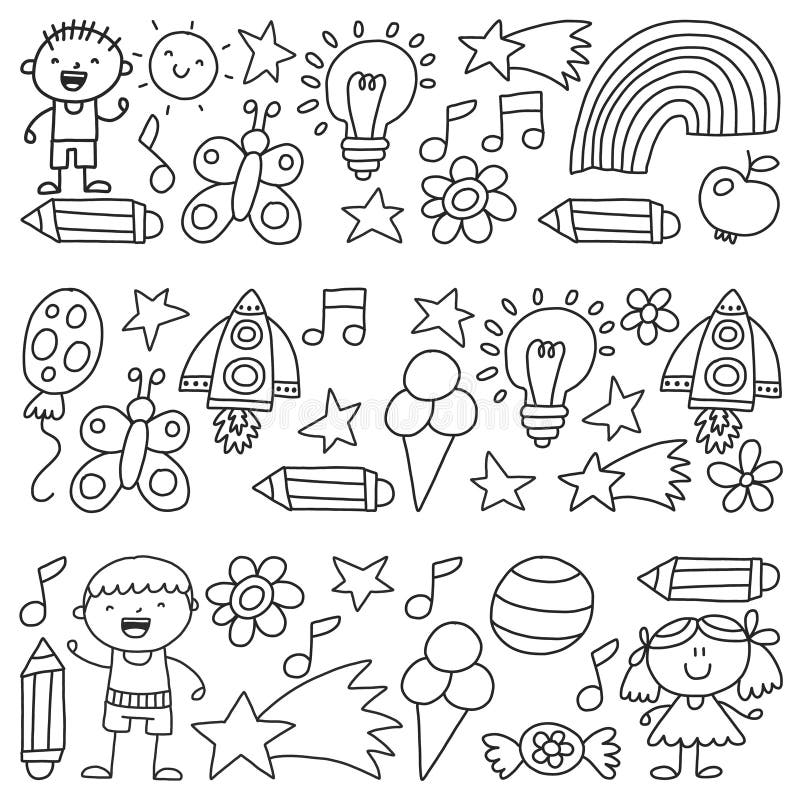 Kindergarten, Monochrome Hand Drawn Children Garden Elements Pattern ...