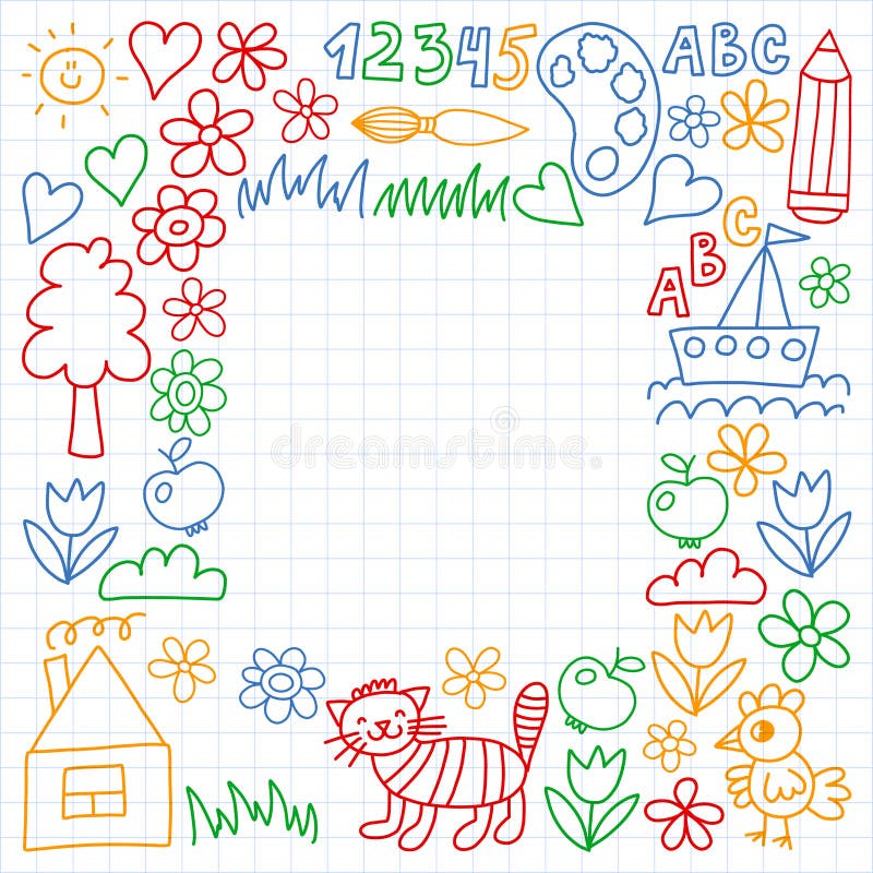 Kindergarten Pattern, Drawn Kids Garden Elements Pattern, Doodle ...