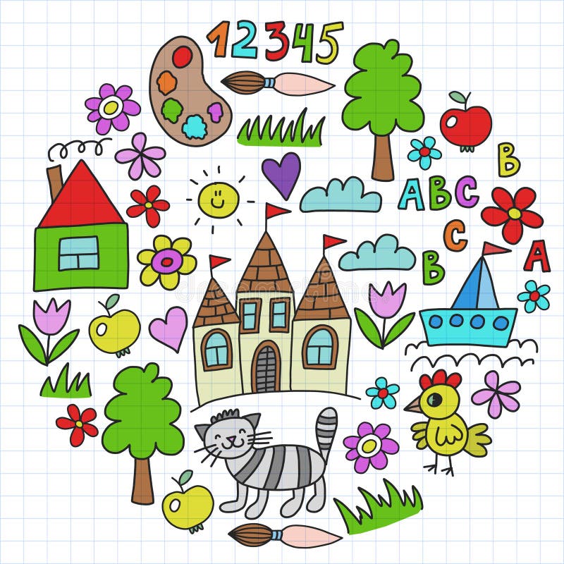 Kindergarten Pattern, Drawn Kids Garden Elements Pattern, Doodle ... Kindergarten Pattern, Drawn Kids Garden Elements Pattern, Doodle ...