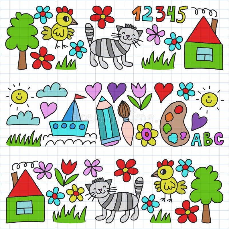 Kindergarten Pattern, Drawn Kids Garden Elements Pattern, Doodle ... Kindergarten Pattern, Drawn Kids Garden Elements Pattern, Doodle ...