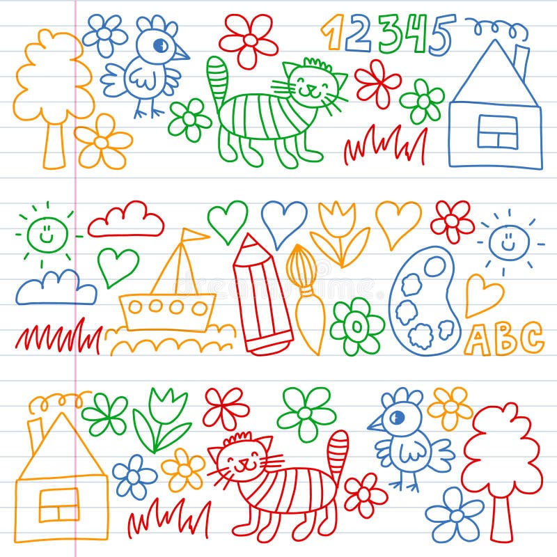 Kindergarten Pattern, Drawn Kids Garden Elements Pattern, Doodle ...