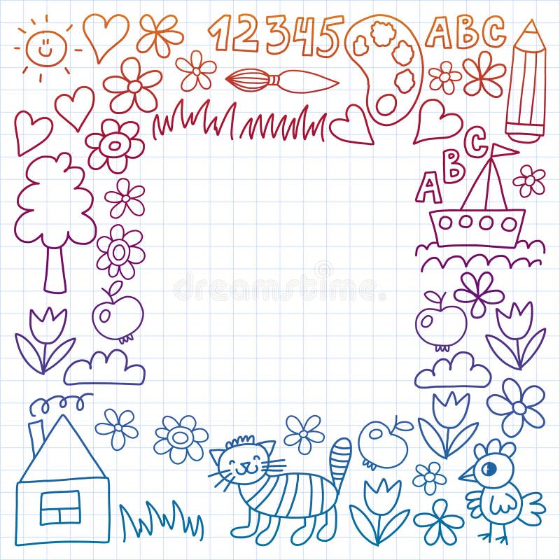 Kindergarten Pattern, Drawn Kids Garden Elements Pattern, Doodle ...