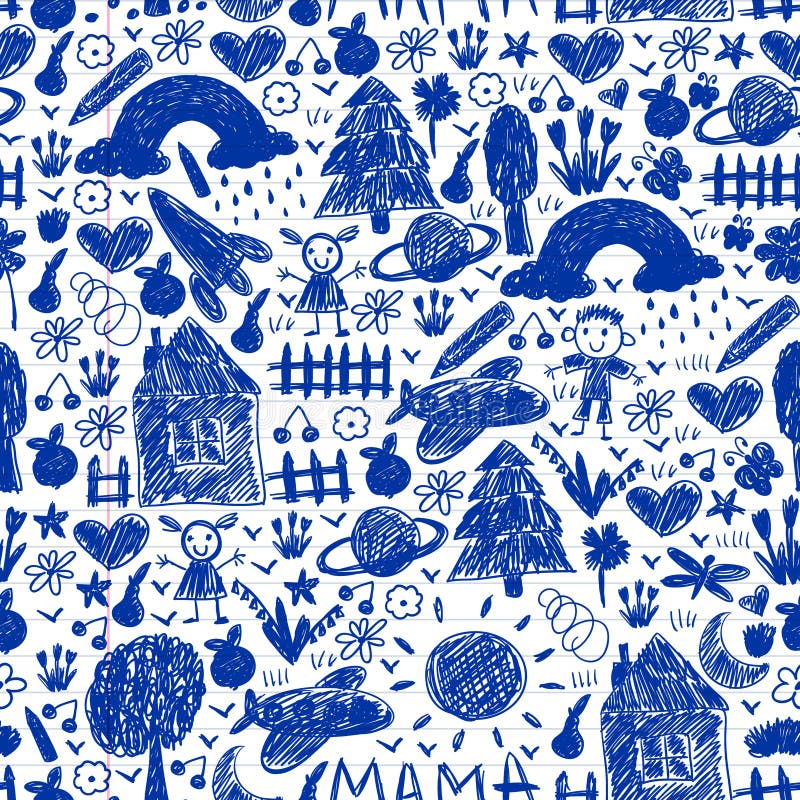 Kindergarten Pattern with Funny Kids Drawing. Vector Illustration ...