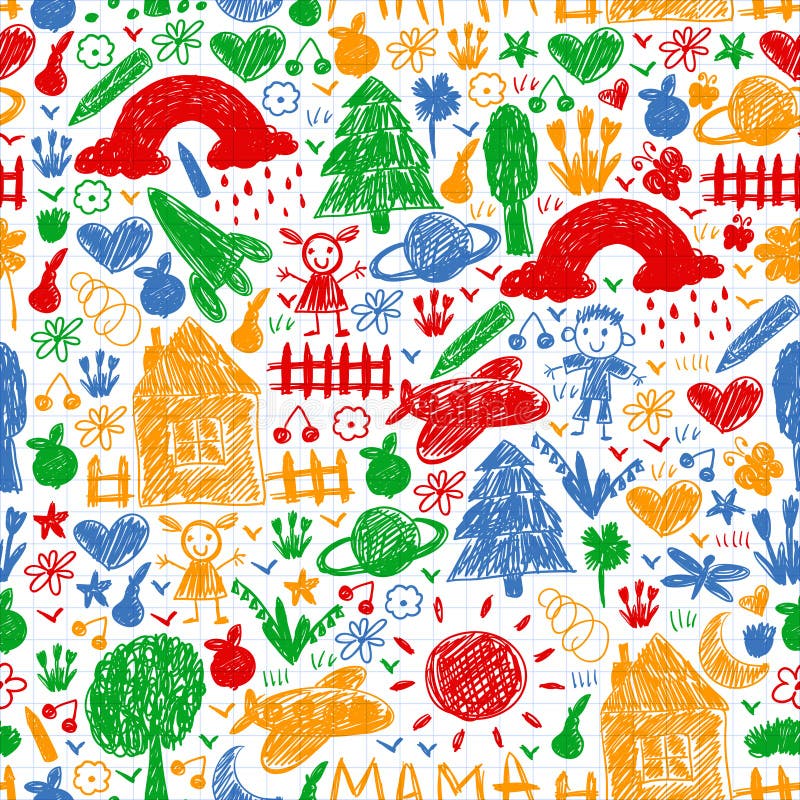 Kindergarten Seamless Pattern with Funny Kids Drawing. Vector ...