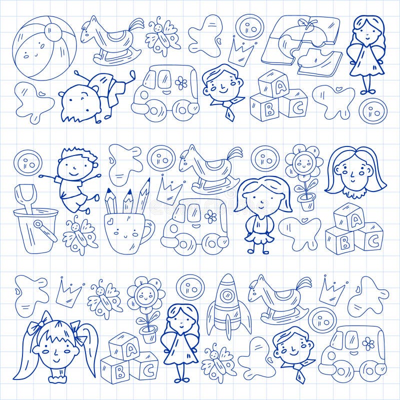 Kindergarten Pattern with Little Children and Toys. Creativity and ...