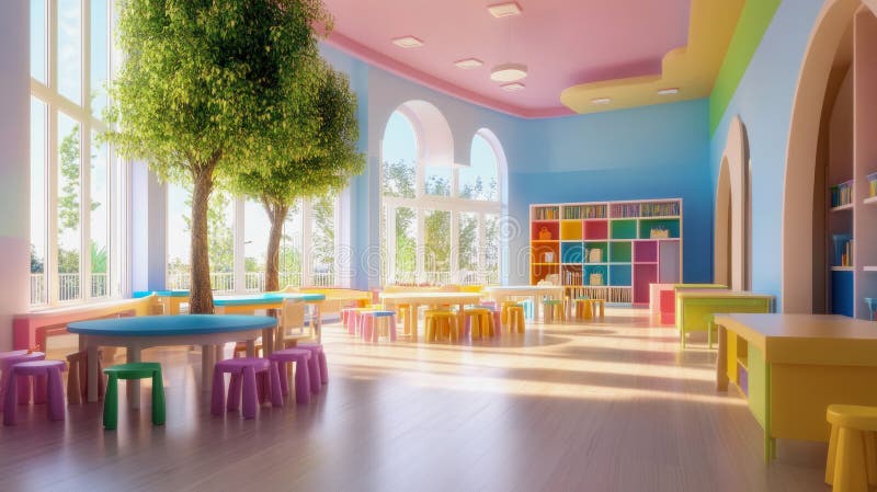 Kindergarten Room with Small Colorful Chairs and Tables Stock Image ...