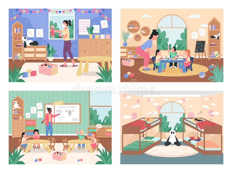 Kindergarten daily Routine Flat Color Vector Illustration Set Stock ...