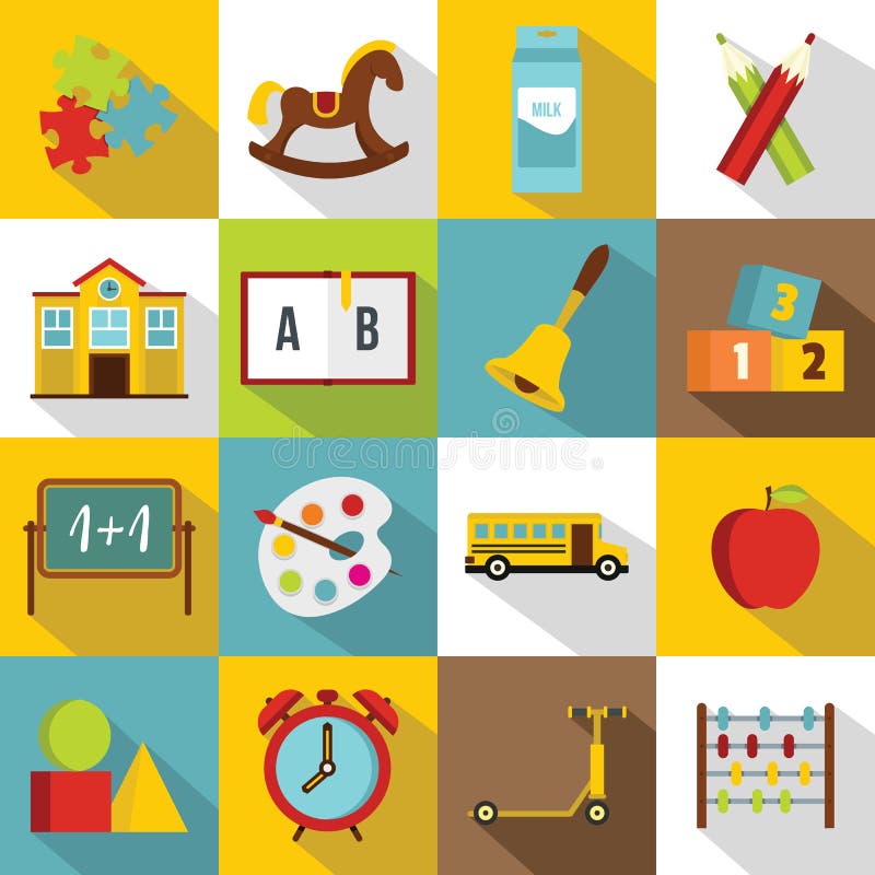 Kindergarten Symbol Icons Set in Flat Style Stock Vector - Illustration ...