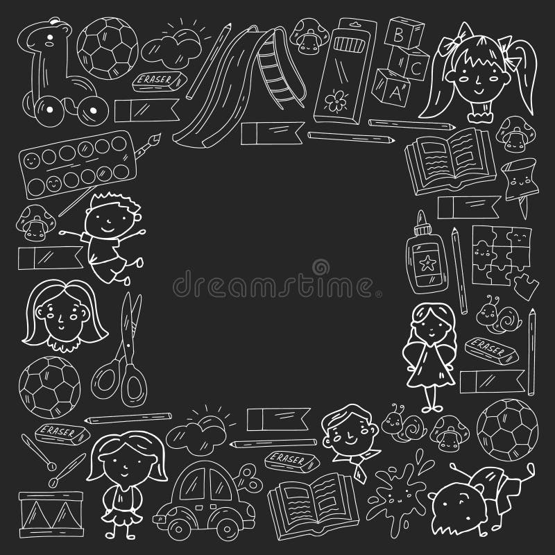 Kindergarten. Vector Frame with Toys and Small Children. Preschool ...