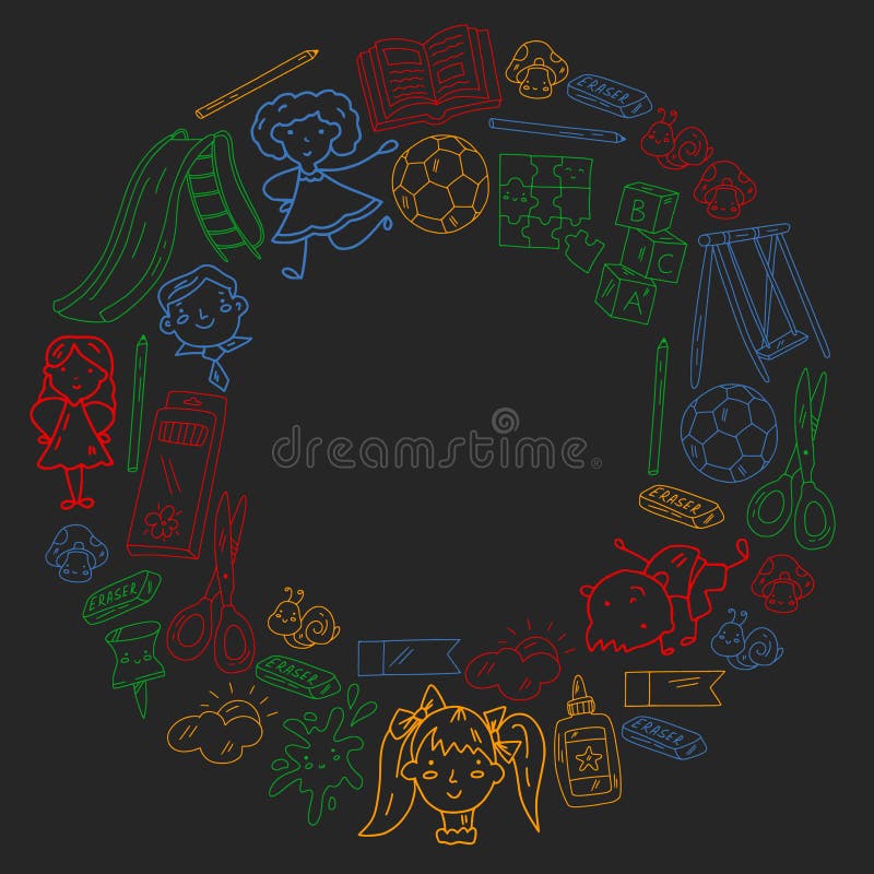 Kindergarten. Vector Pattern with Toys and Small Children. Preschool ...