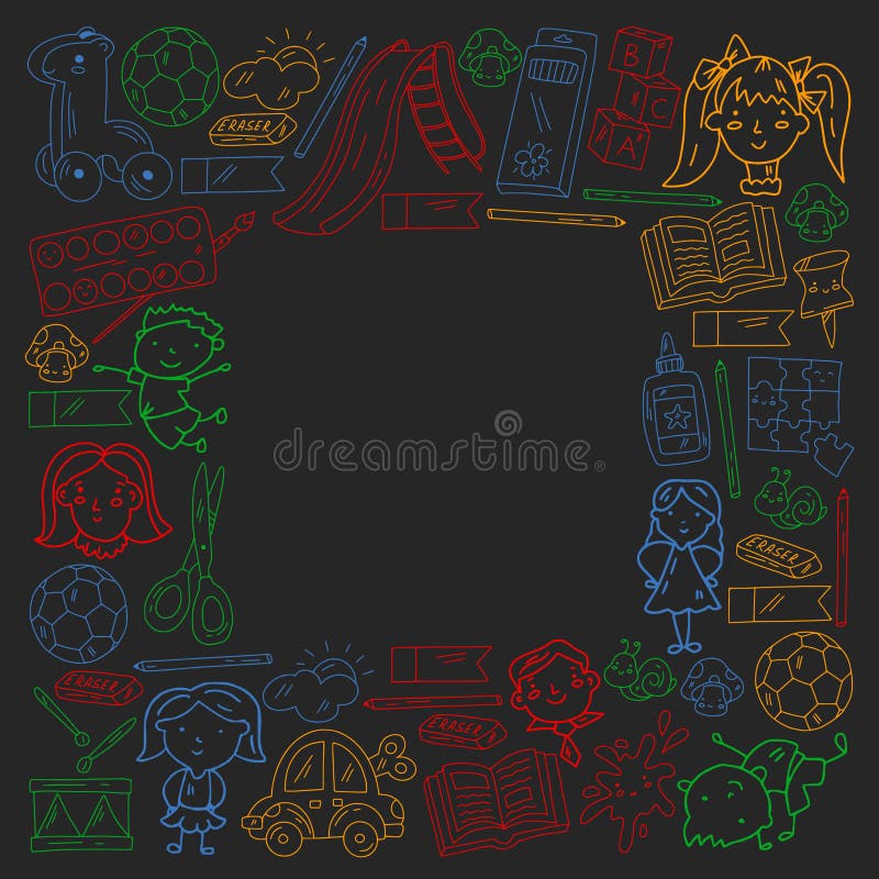 Kindergarten. Vector Pattern with Toys and Small Children. Preschool ...