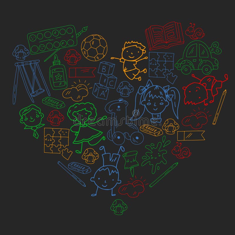 Kindergarten. Vector Pattern with Toys and Small Children. Preschool ...