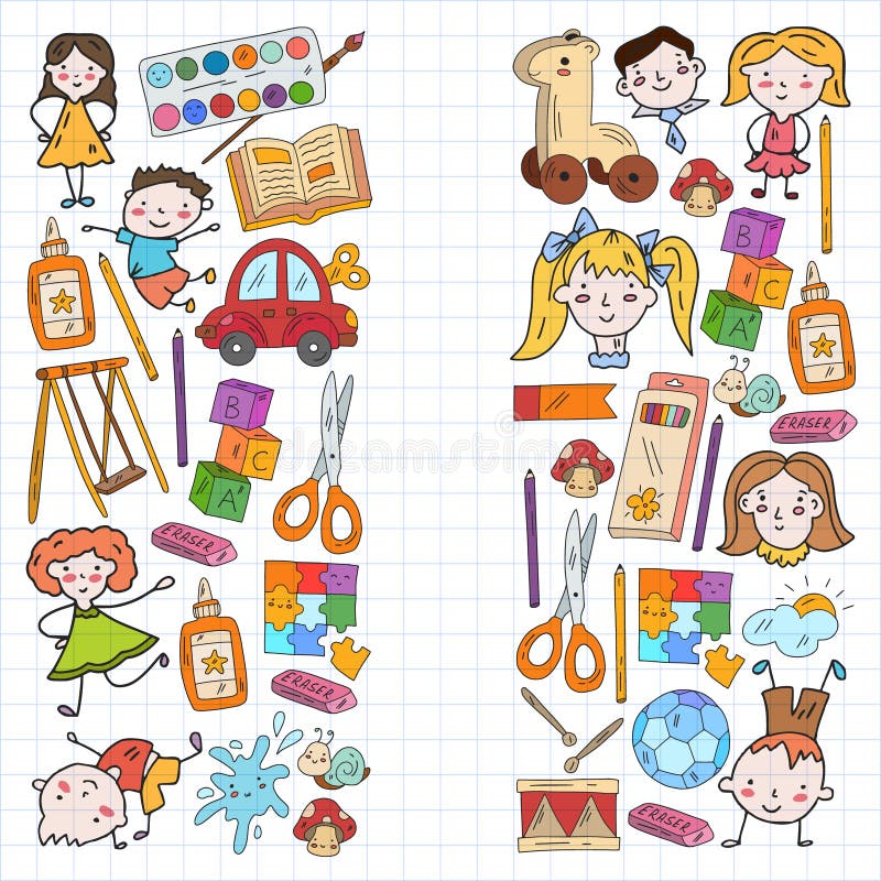 Kindergarten. Vector Pattern with Toys and Small Children. Preschool ...