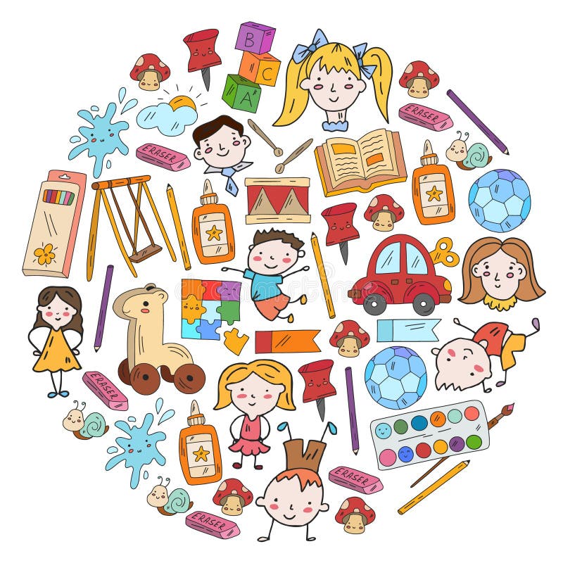 Kindergarten. Vector Pattern with Toys and Small Children. Preschool ...