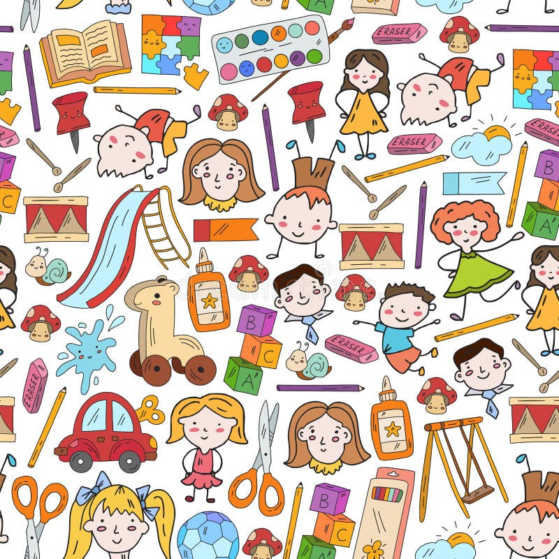 Kindergarten. Vector Pattern with Toys and Small Children. Preschool ...